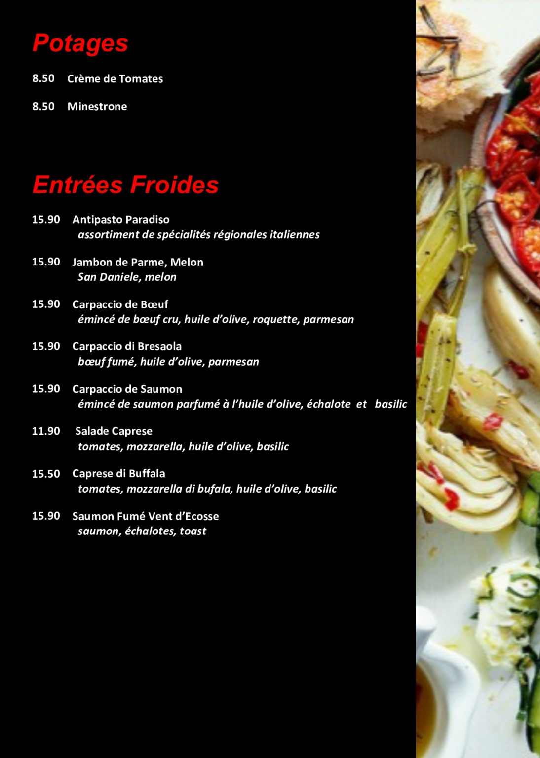 Menu Paradiso - Paradiso Restaurant italien Hôtel