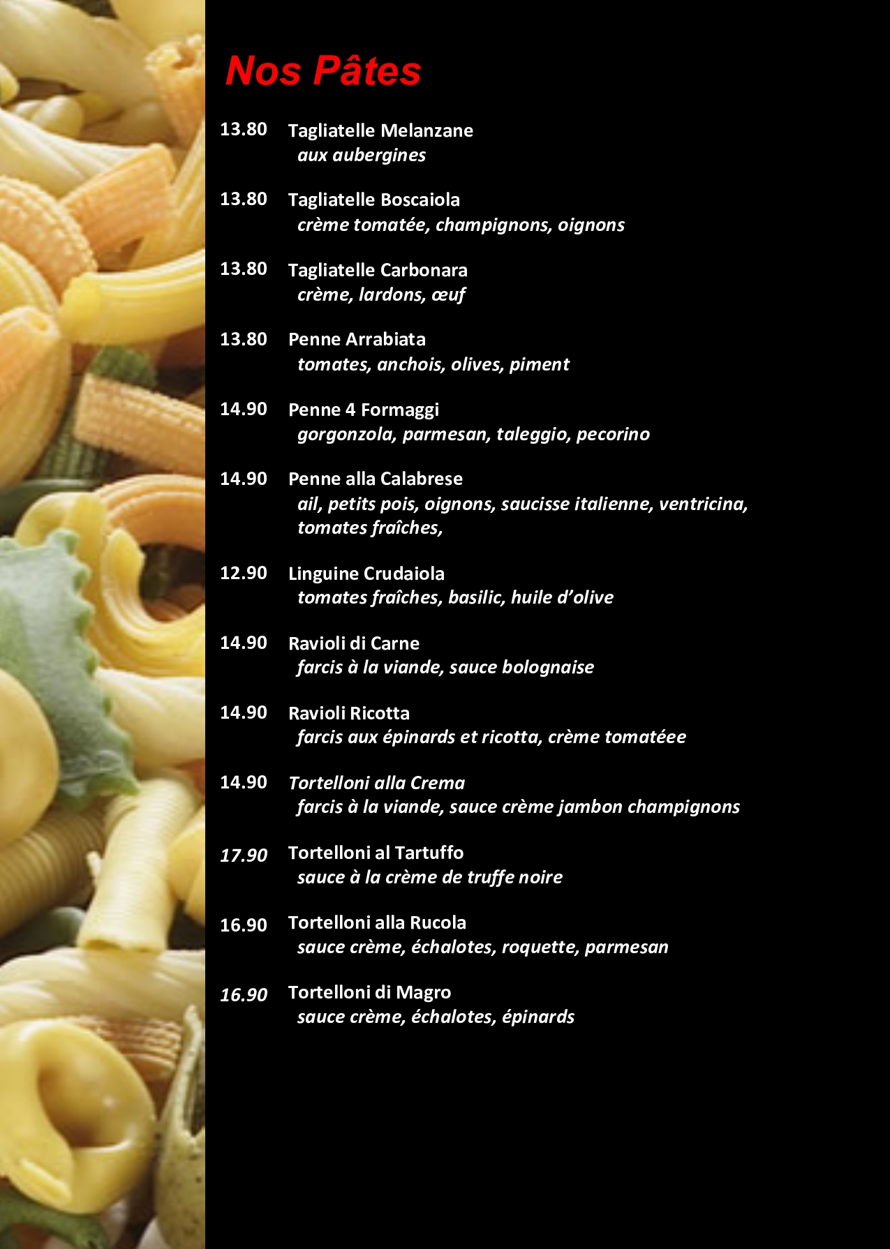 Menu Paradiso - Paradiso Restaurant italien Hôtel