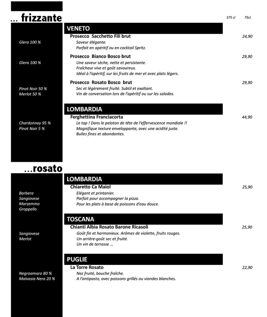 Carte des Vins - Paradiso Restaurant italien Hôtel